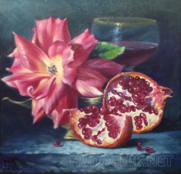 Картина натюрморт с гранатом и розой. Размеры: 30x30, Год: 2018, Цена ...